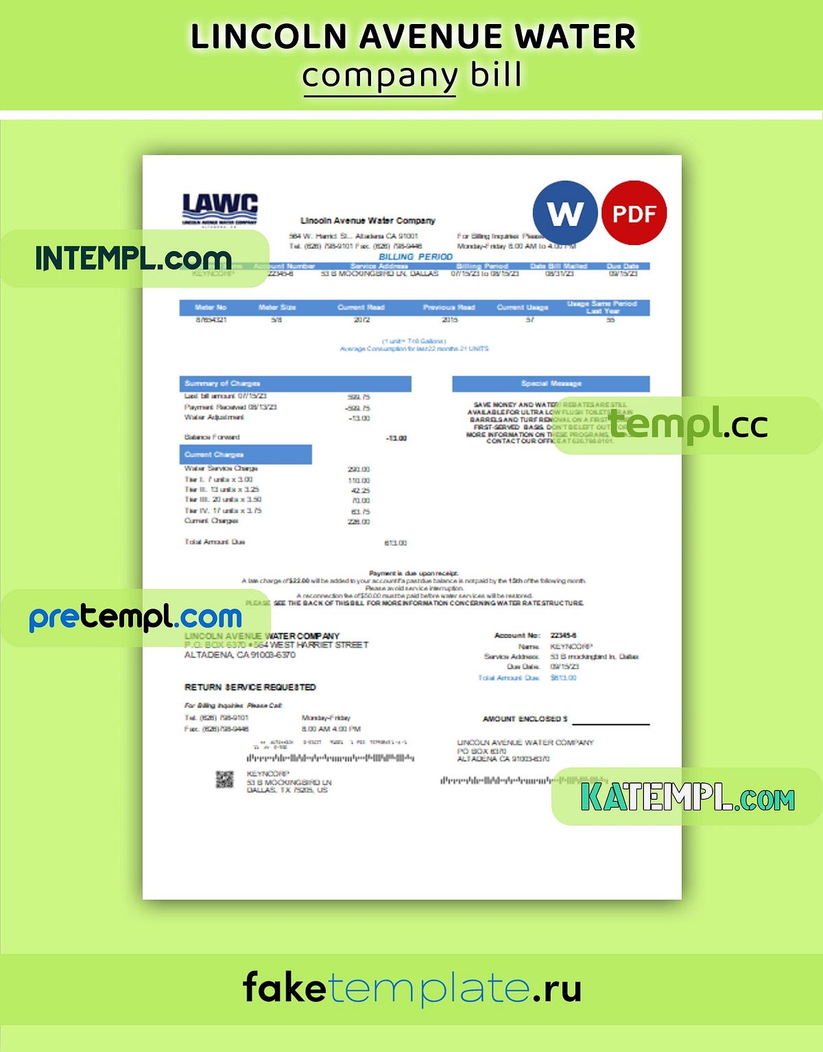 Lincoln Avenue Water Company business utility bill, Word and PDF ...
