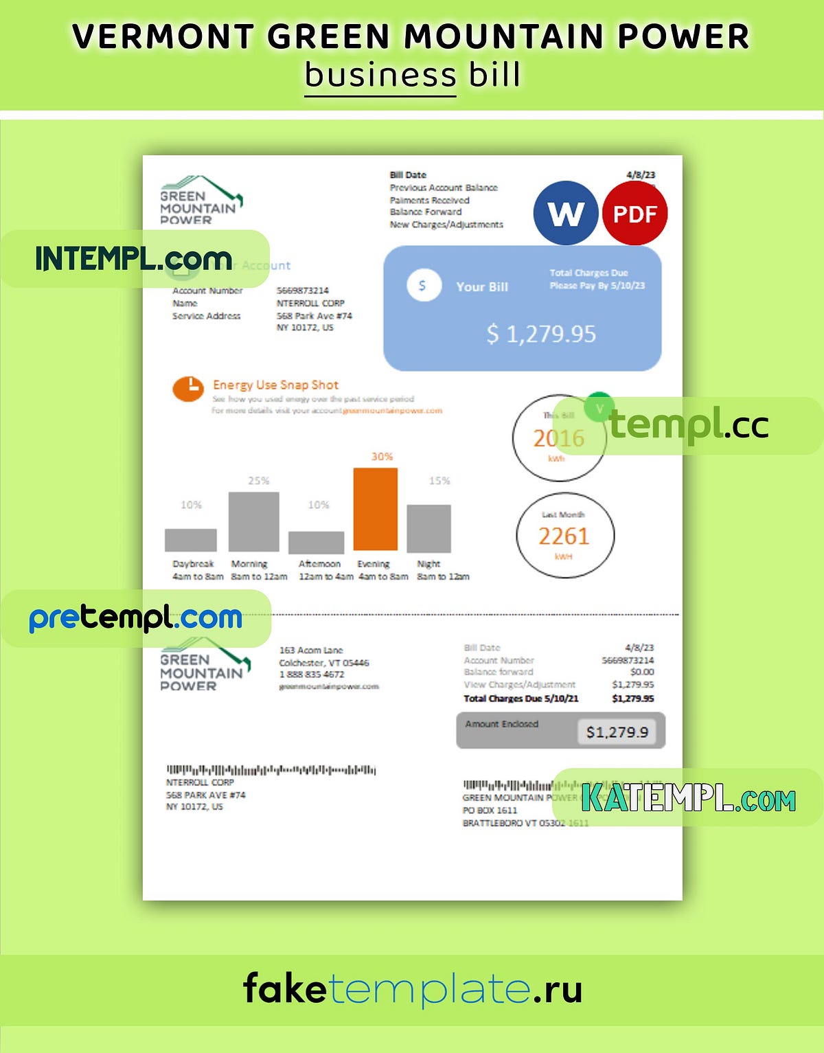Vermont Green Mountain Power electricity business utility bill, PDF and Word template | by ...