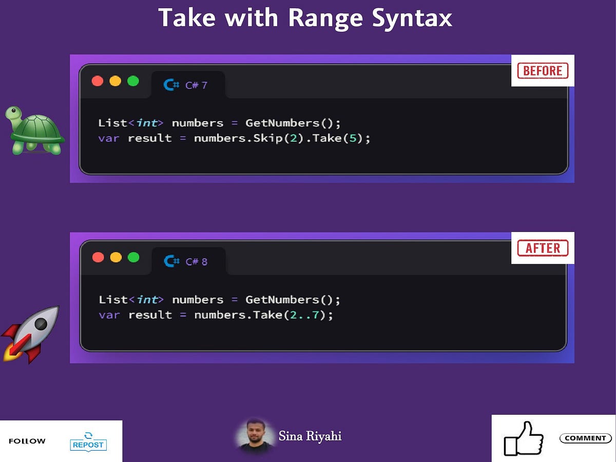 💡 𝗧𝗮𝗸𝗲 𝘄𝗶𝘁𝗵 𝗥𝗮𝗻𝗴𝗲 𝗦𝘆𝗻𝘁𝗮𝘅 The 𝗦𝗸𝗶𝗽() and 𝗧𝗮𝗸𝗲() methods are both LINQ extension methods that ...