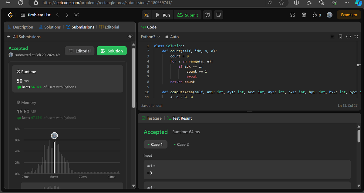 Leetcode problem no. 223. Question no. 223. Rectangle Area | by FAIZAL | Towards Dev