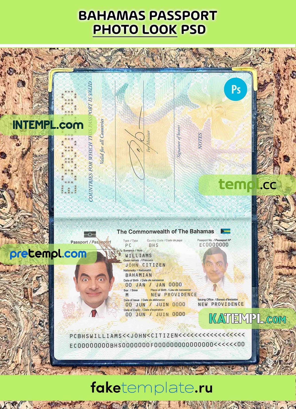 Bahamas passport PSD download scan and photo look templates, 2 in 1 ...