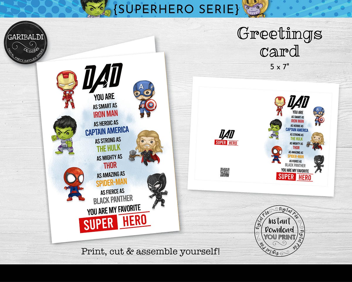Instant download Father’s Day card, Superhero Fathers day Card, Super ...