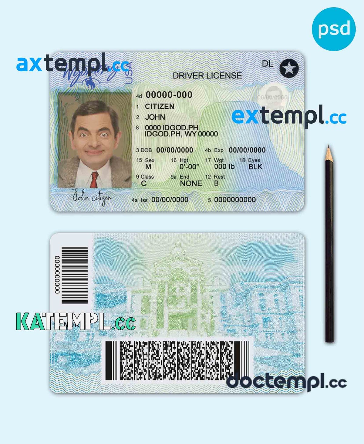 sample USA Wyoming state driving license template in PSD format, with ...