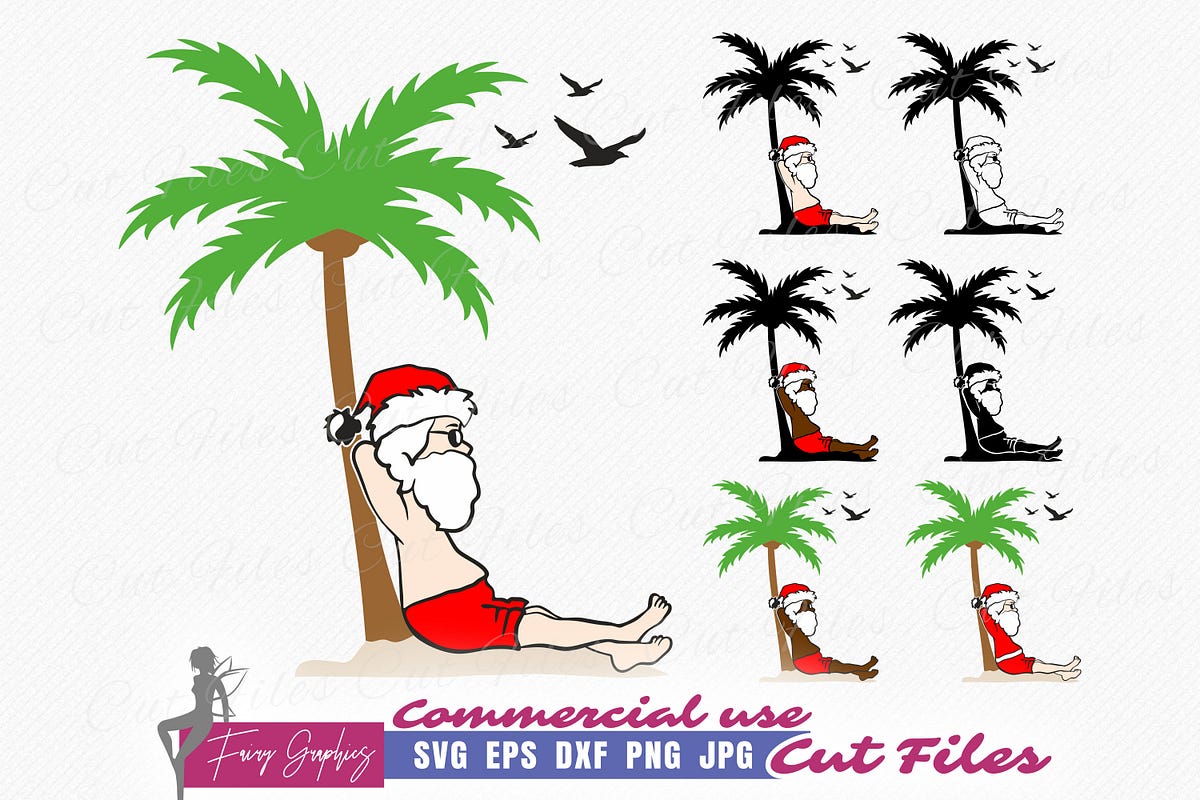 Santa Leaning on Palm Tree SVG, Relaxing Santa vector file, Sunglasses ...