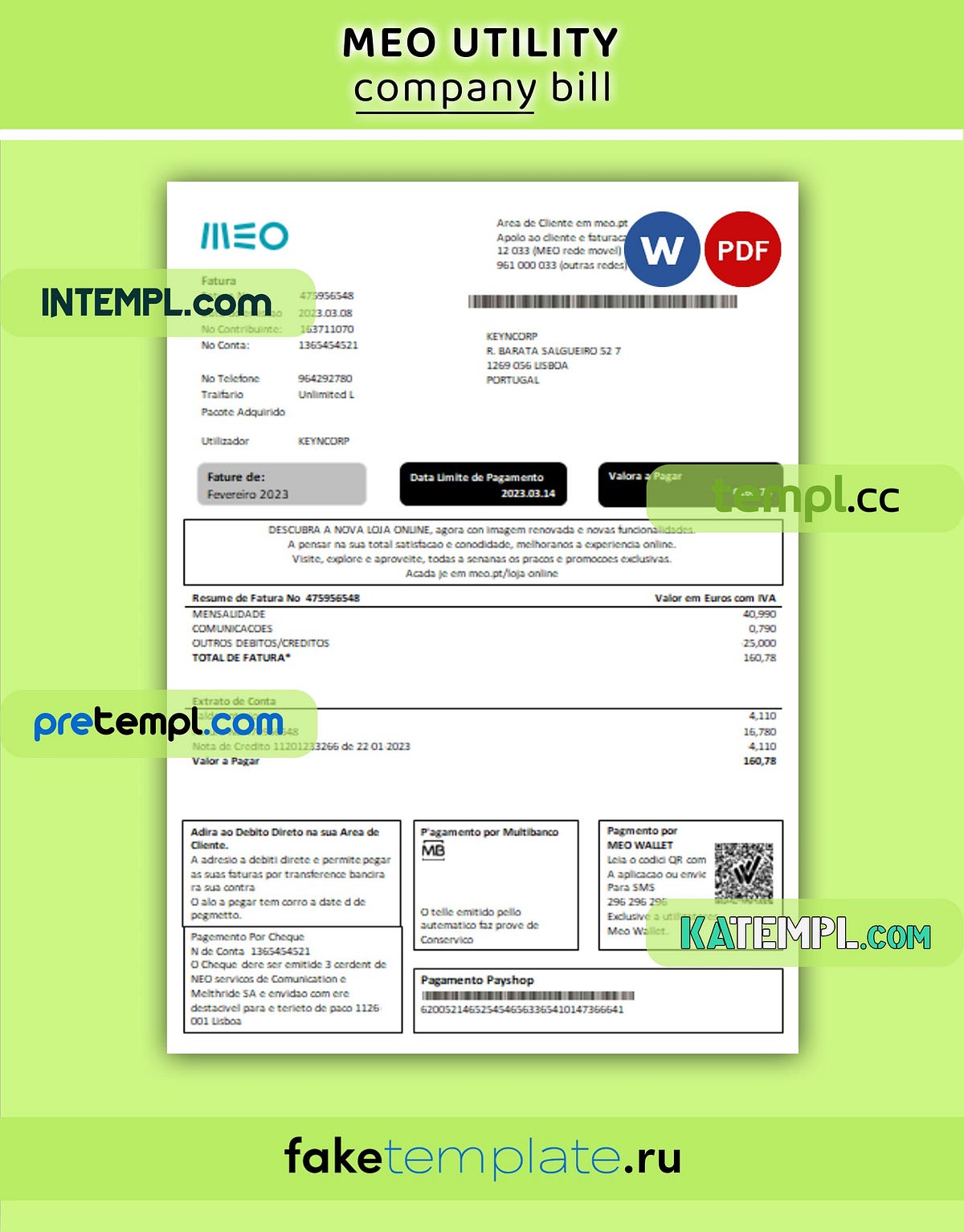 MEO business utility bill, Word and PDF template | by ...