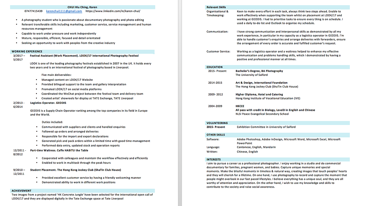 Academic CV. To be an artists/ photographer, it is… | by karen chui ...