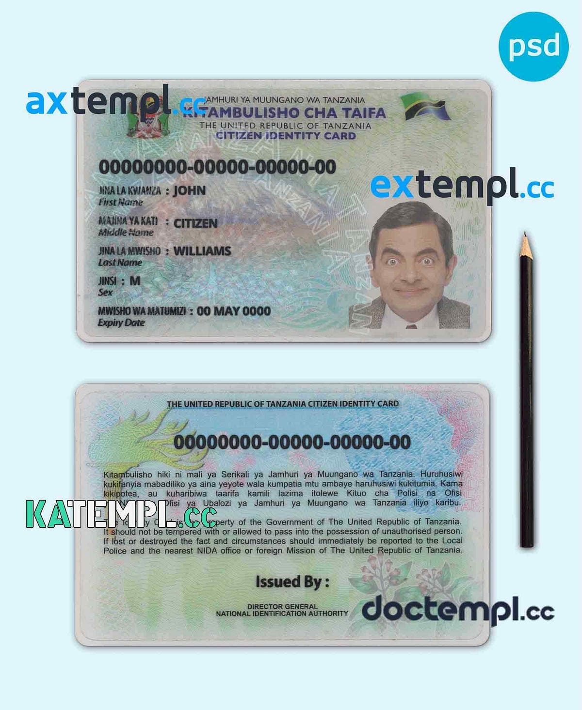 sample Tanzania identity card PSD template, with fonts, version 2 ...