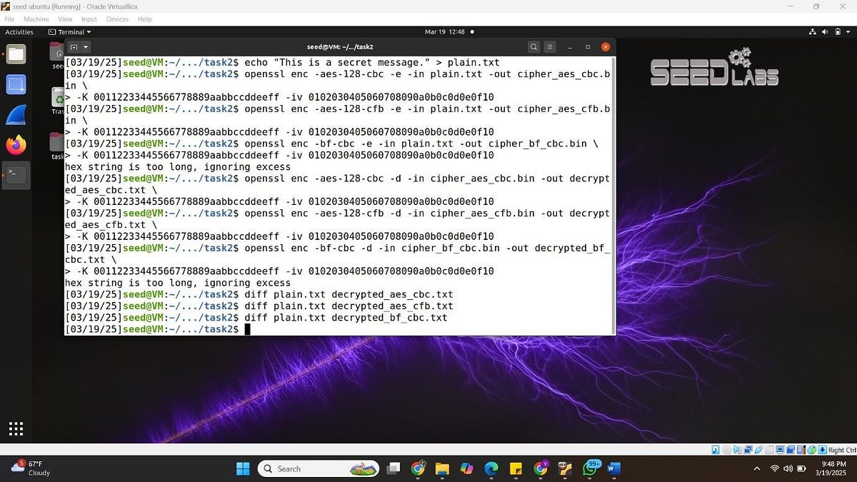 SEED Labs Crypto Lab — Task 2: File Encryption Using Different Ciphers and Modes with OpenSSL ...