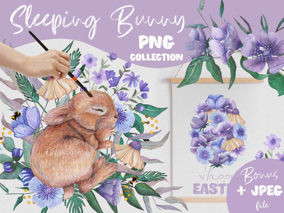 Watercolor Easter Bunny Clipart, Spring Animals and Florals PNG ...
