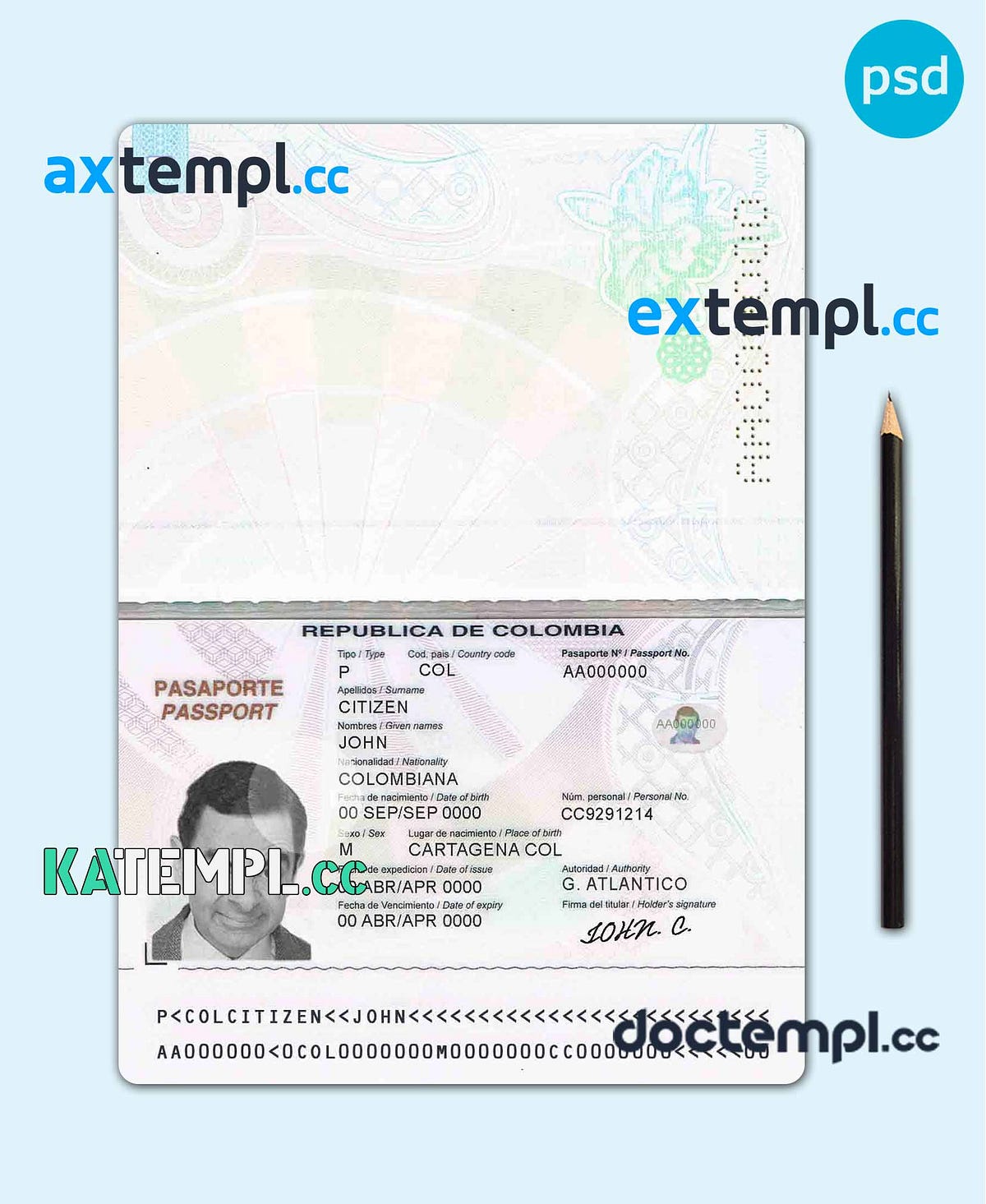 sample Colombia passport template in PSD format, 2015–2018 download ...