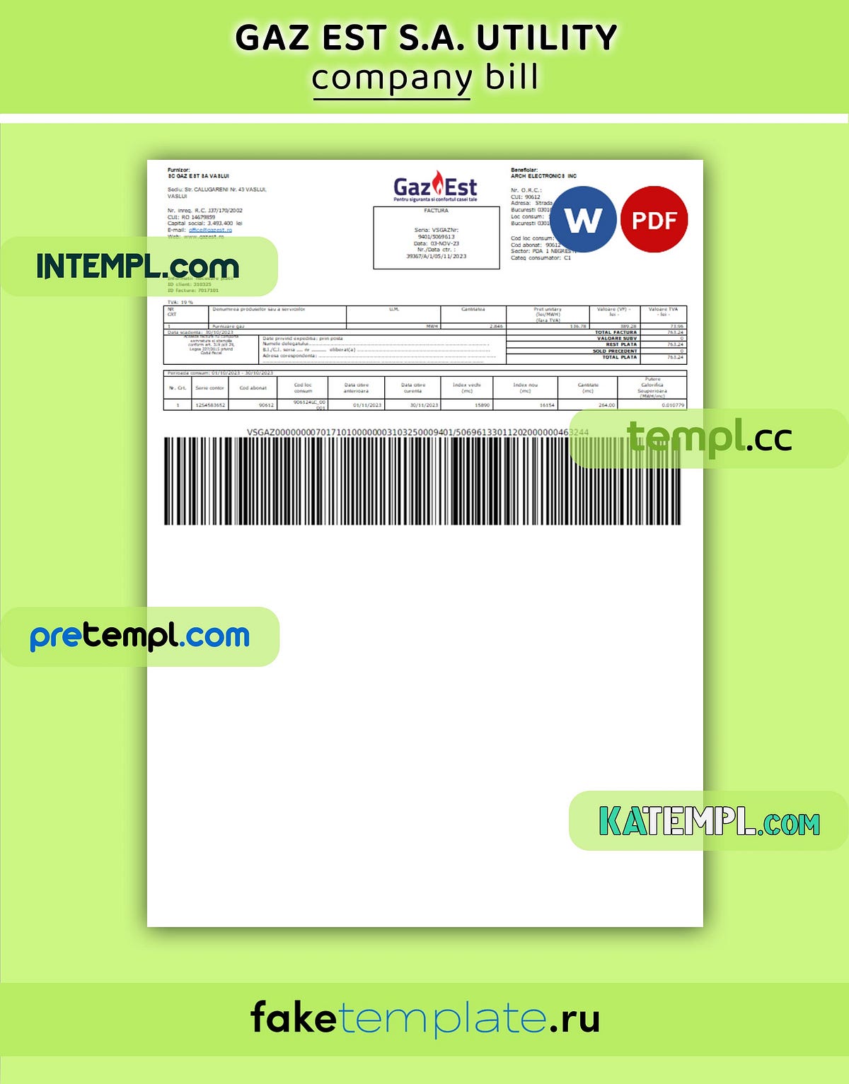 Gaz Est S.A business utility bill, PDF and Word template | by ...