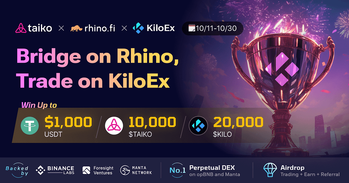 Bridge on rhino, trade on KiloeX. Win Upto 1,000 USDT, 10,000 $TAIKO ...