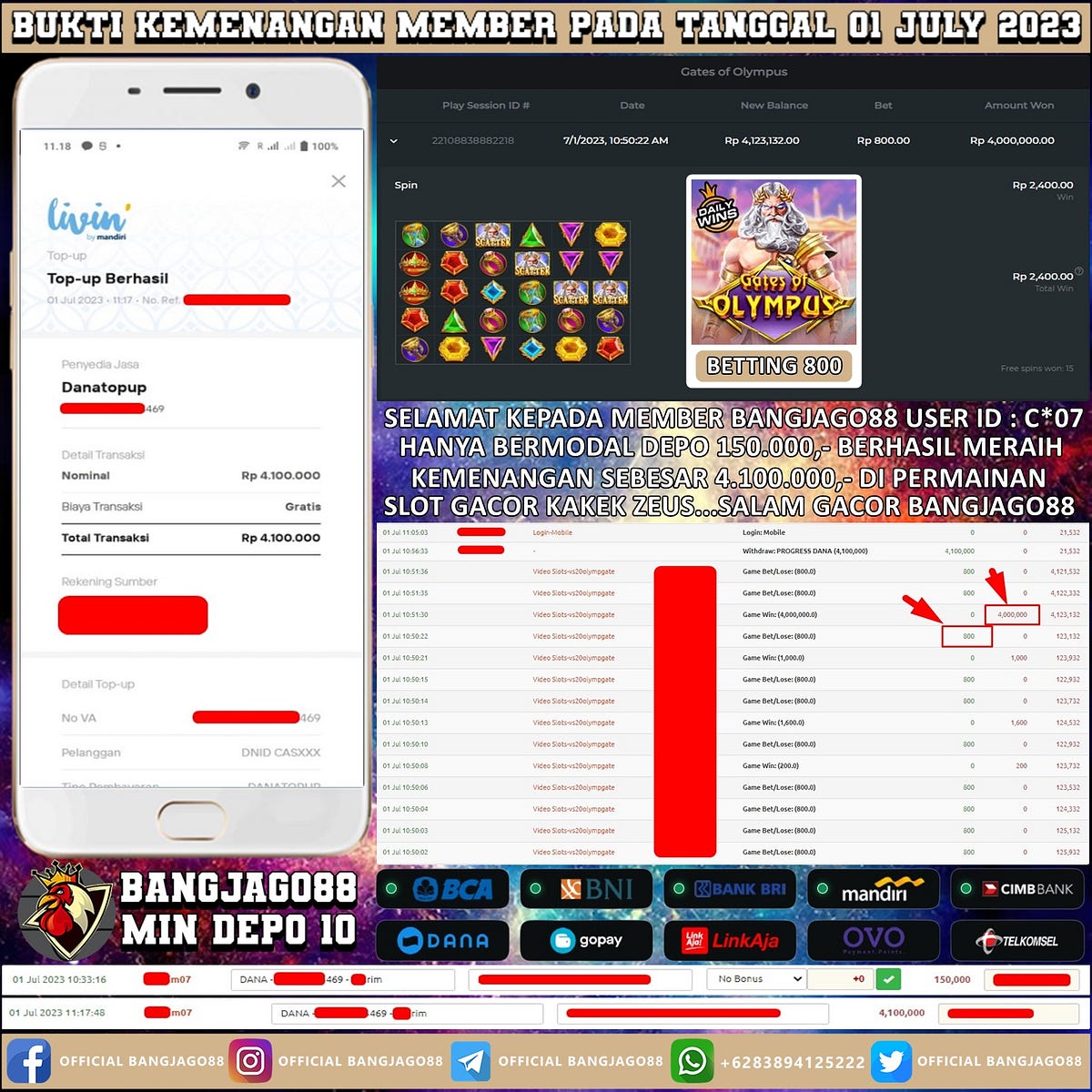 BUKTI KEMENANGAN MEMBER PADA TANGGAL 01 JULY 2023 - BANGJAGO88 - Medium