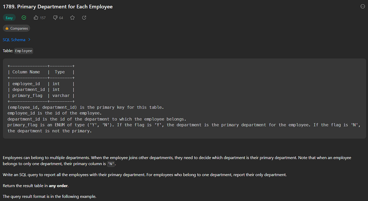 1789. Primary Department for Each Employee ( Leetcode ) | by Farhan Sarguroh | Medium