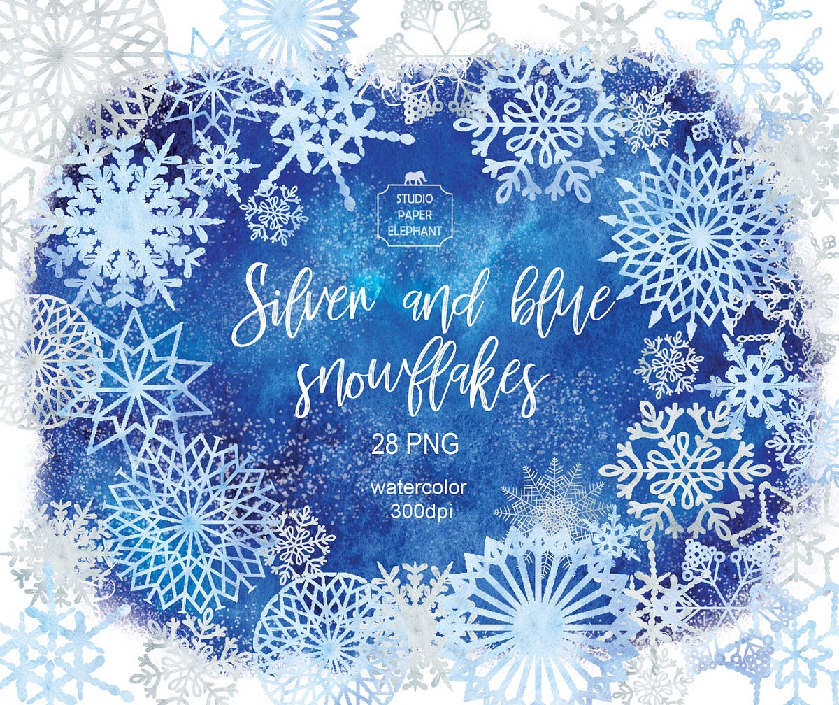 Watercolor blue and silver snowflakes, Snowflakes clipart, Christmas ...