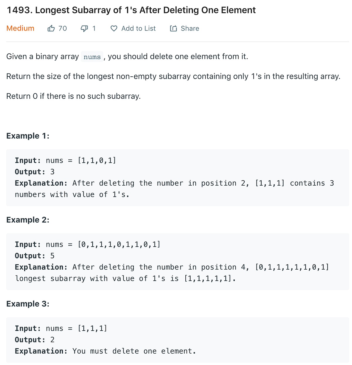 Leetcode 1493: Longest Subarray of 1’s After Deleting One Element | by ...