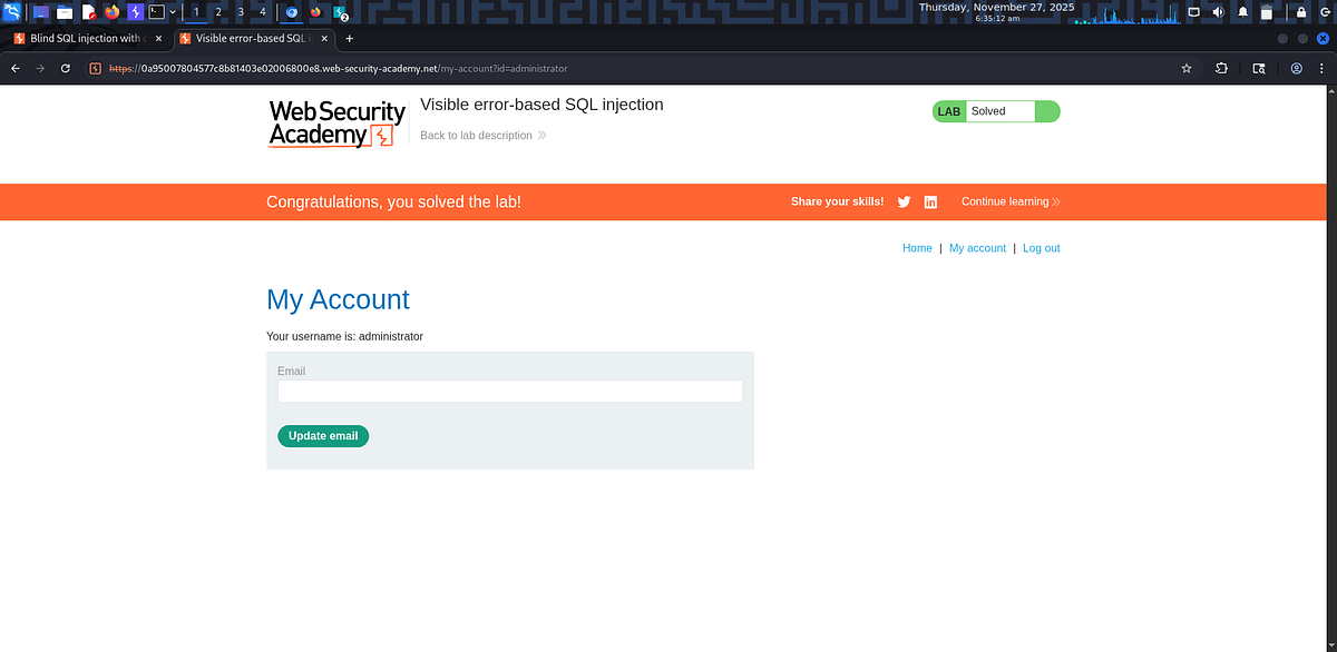 Lab: Visible error-based SQL injection | by L4V4NY4 AGR3 | MeetCyber | Nov, 2025 | Medium