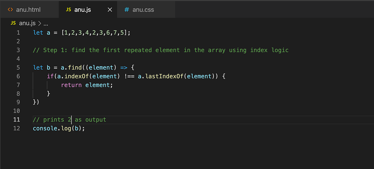 Write Code to find the first repeated element in the array. - Kokkeraanusha - Medium