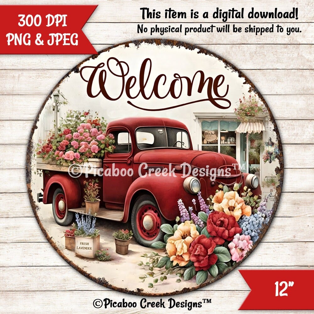 Welcome Sign Red Truck Vintage Sign — Sublimation png — Round Wreath ...