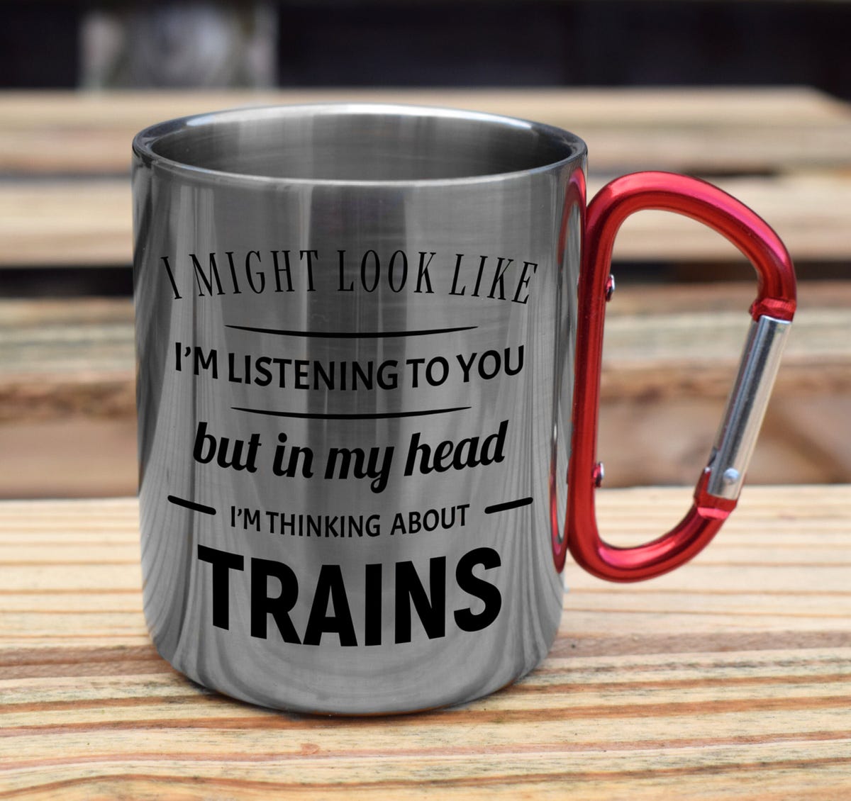 I’m thinking about trains funny carabiner steel coffee mug joke slogan ...