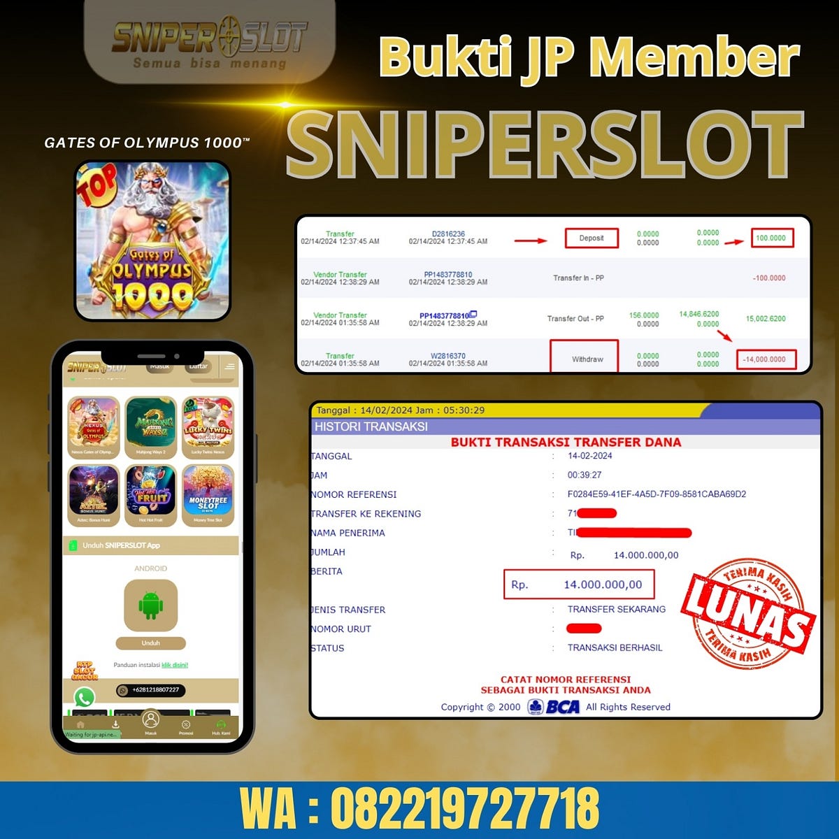 BUKTI JP MEMBER SNIPERSLOT HARI RABU 14 FEBRUARI 2024 Selamat atas kemenangan besar yang di ...