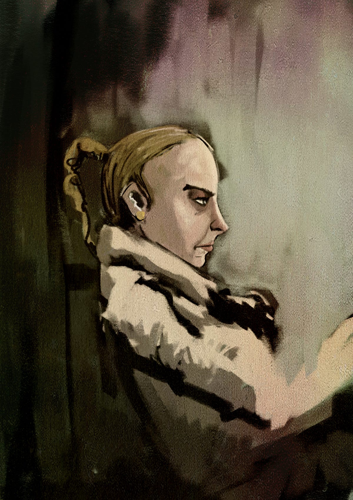 woman in the waiting room she stares out the window, curled up in a ...