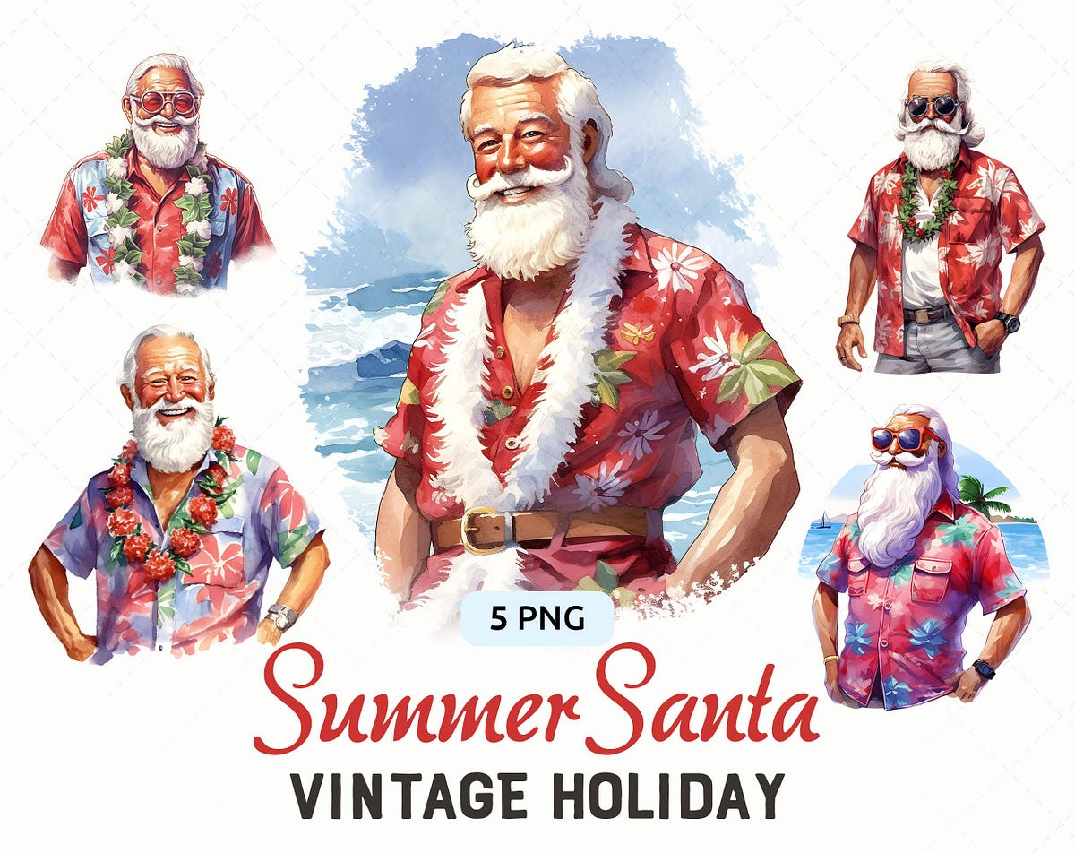 Summer Santa Claus Clipart PNG, Christmas in July Clipart bundle ...