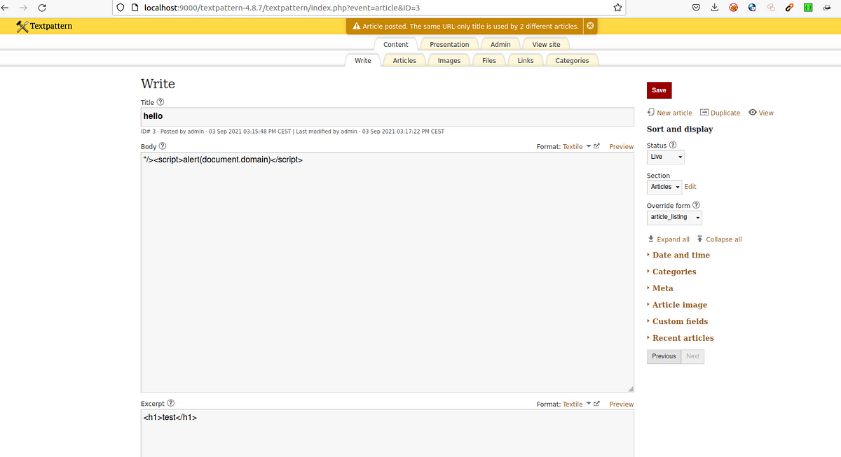 Textpattern 4 8 7 Is Affected By Cross Site Scripting Xss In The Body Parameter By Tanmay