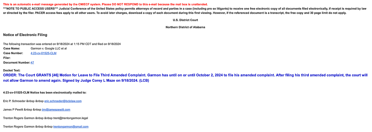 Breaking News — Litigation Update — 20240918 — Garmon v. Google — Judge ...