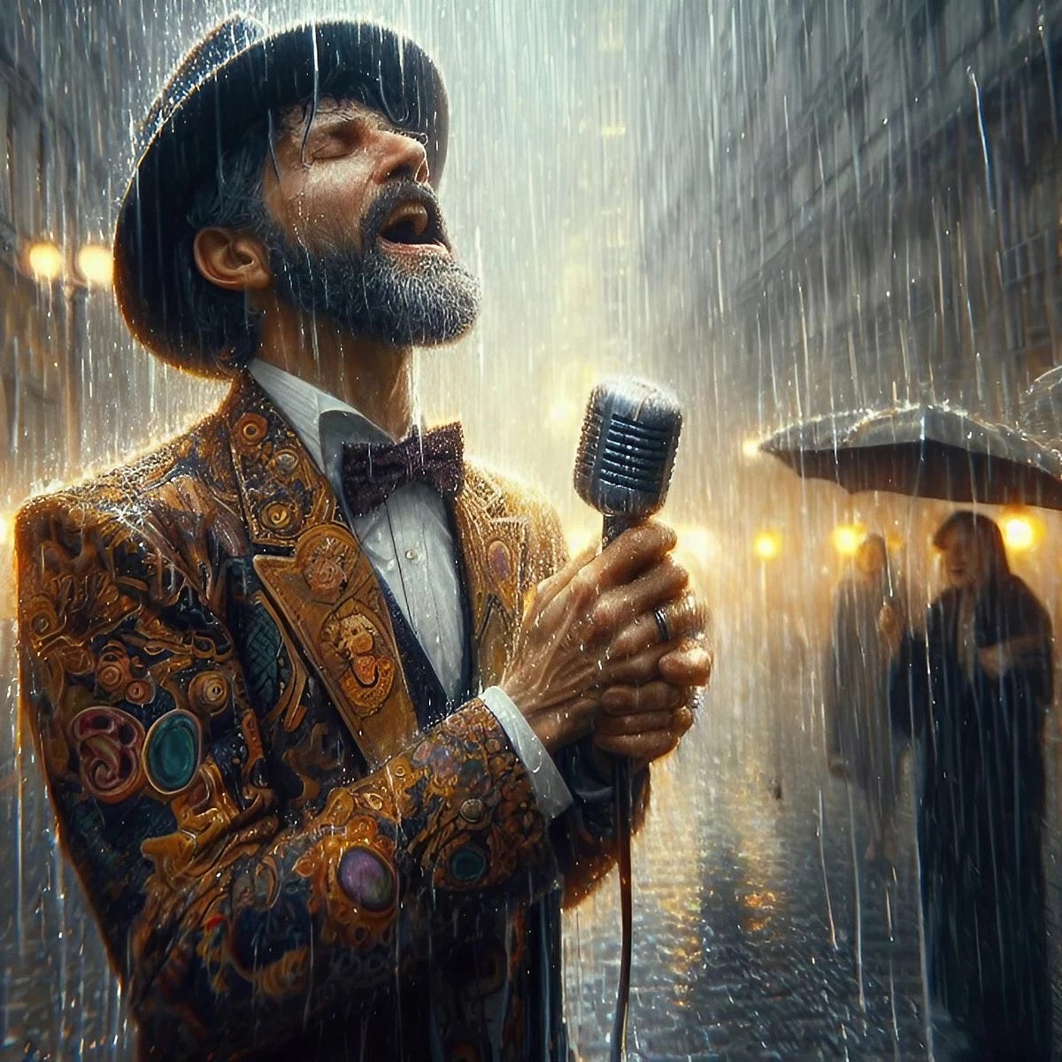 amazing breathtaking oil painting of a fashionable homeless man singing ...