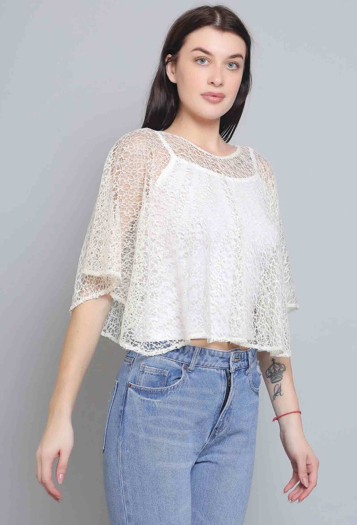 Off White Self Design Lace Poncho | by Jazzlr online fashion store ...