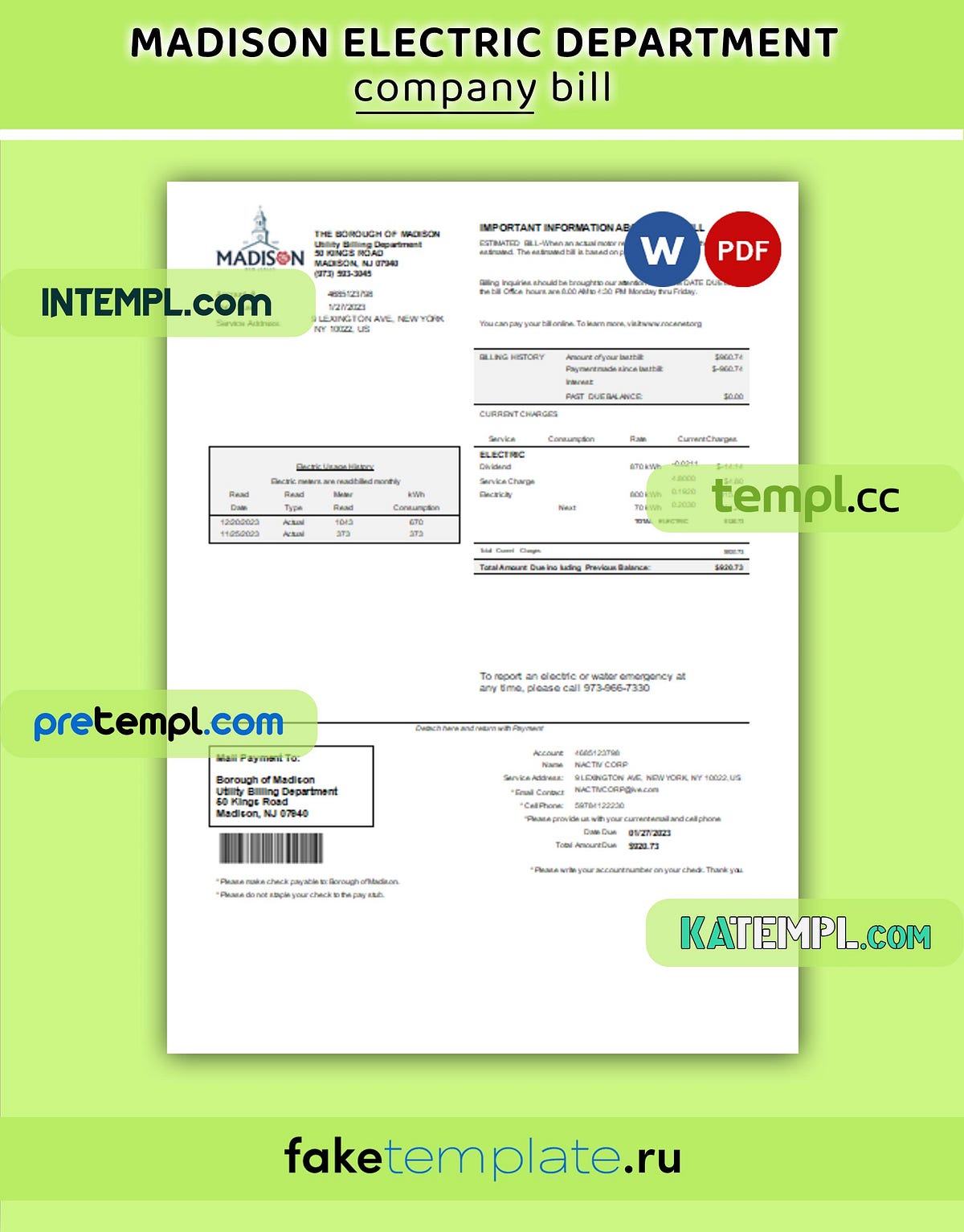 Madison Electric Department business utility bill, Word and PDF ...