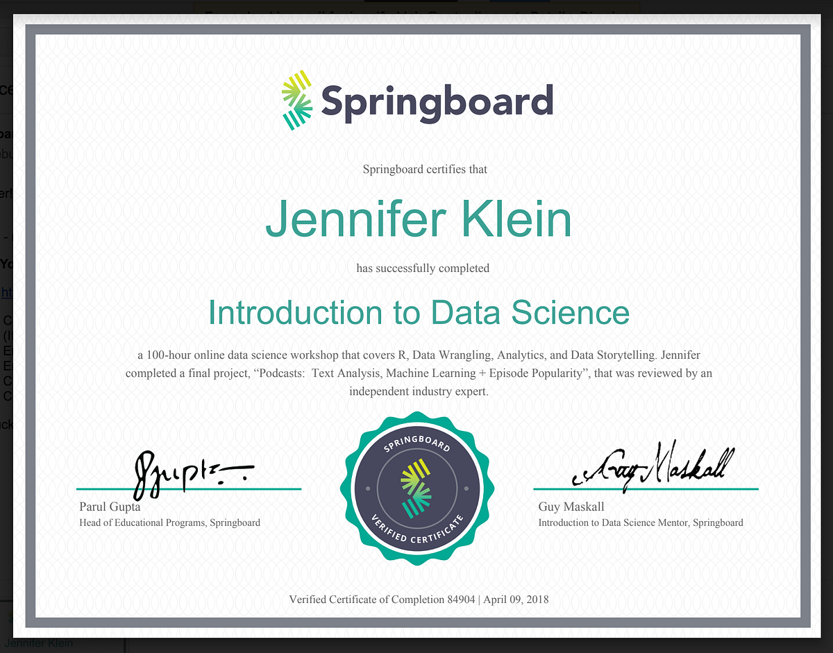 Springboard certificate of completion for the Introduction to Data Science | by Jennifer Klein ...