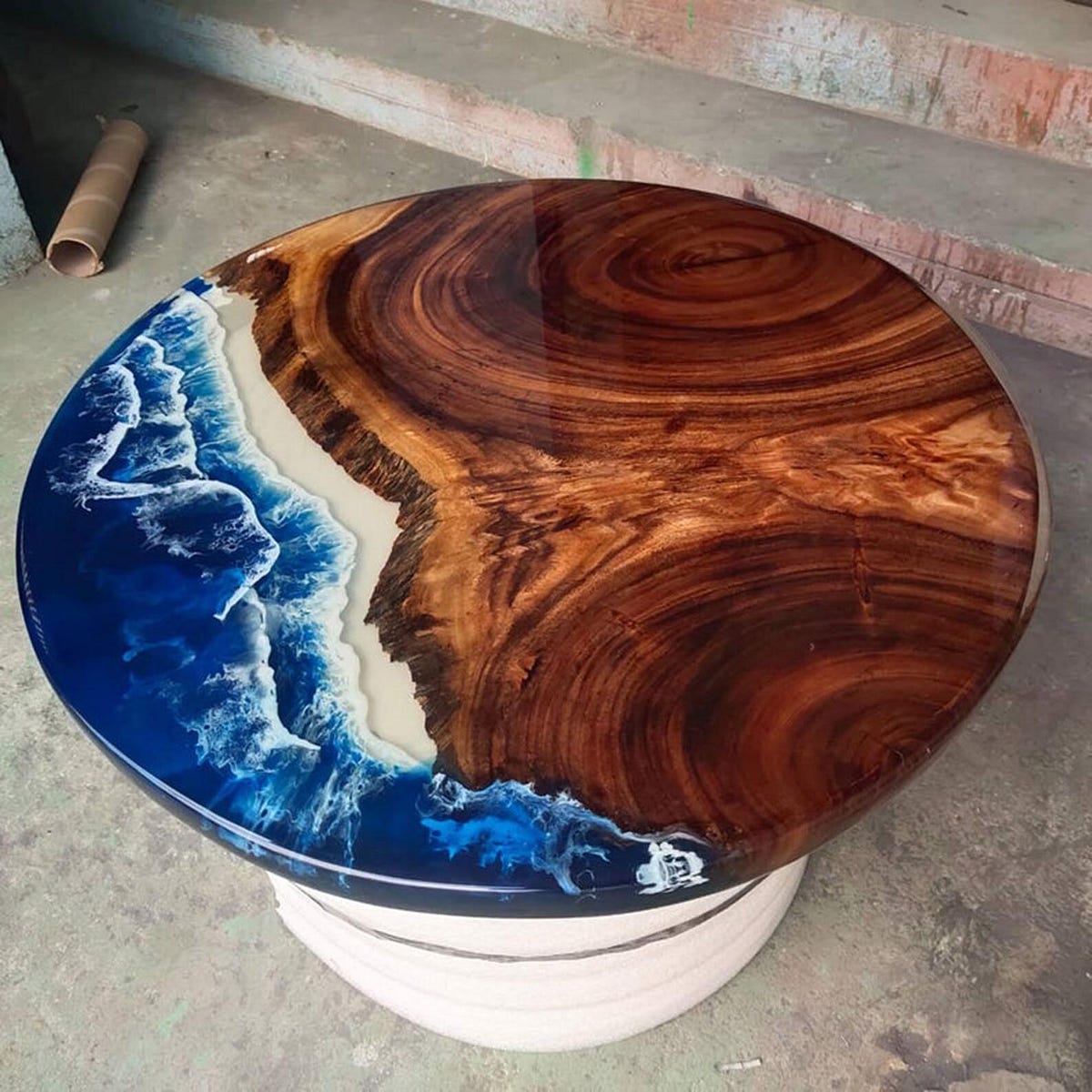Ocean Resin Walnut Round Side Table | Resin End Table | Coffee Table ...