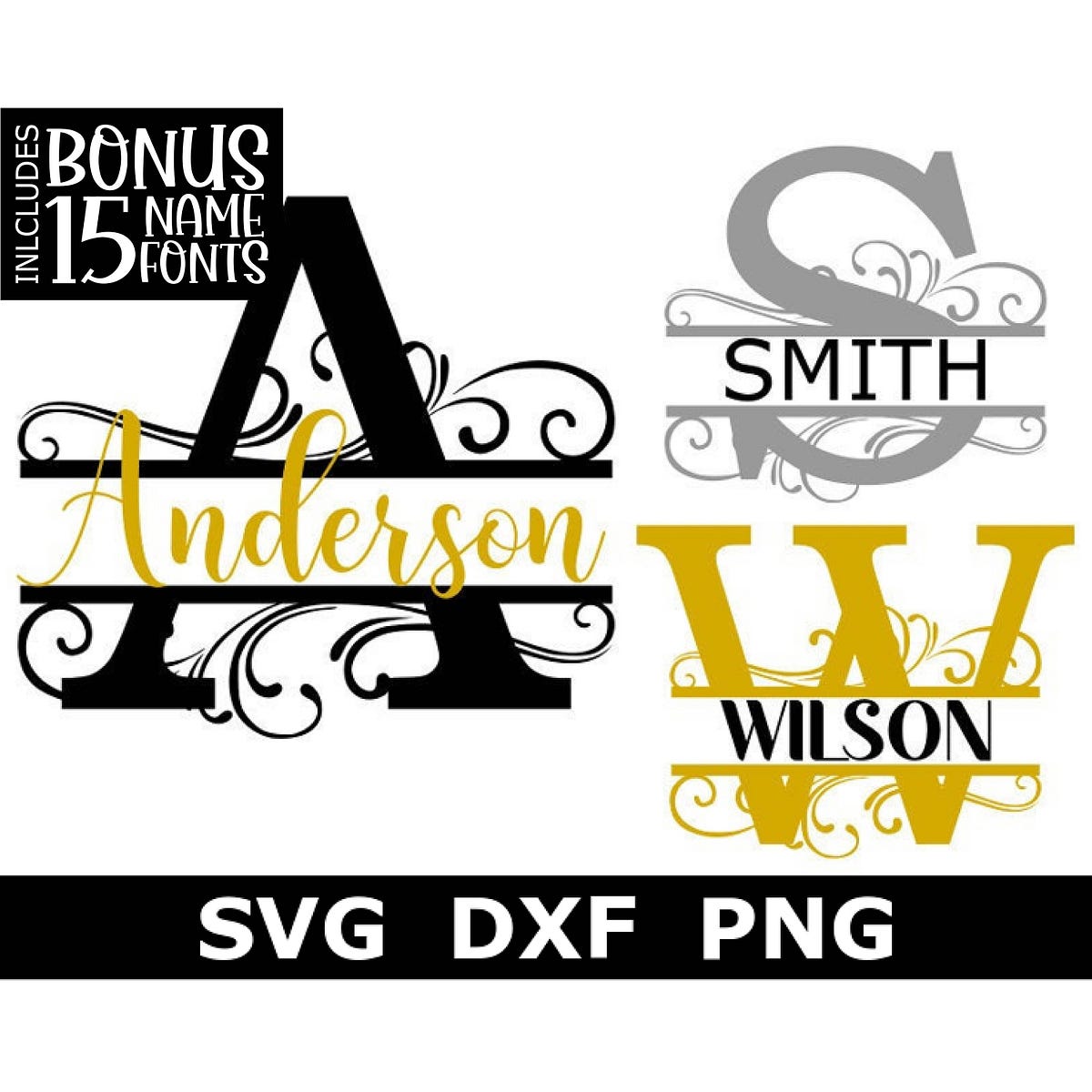 Split Monogram SVG/DXF/PNG, Split Monogram Frame Alphabet + 15 Name ...