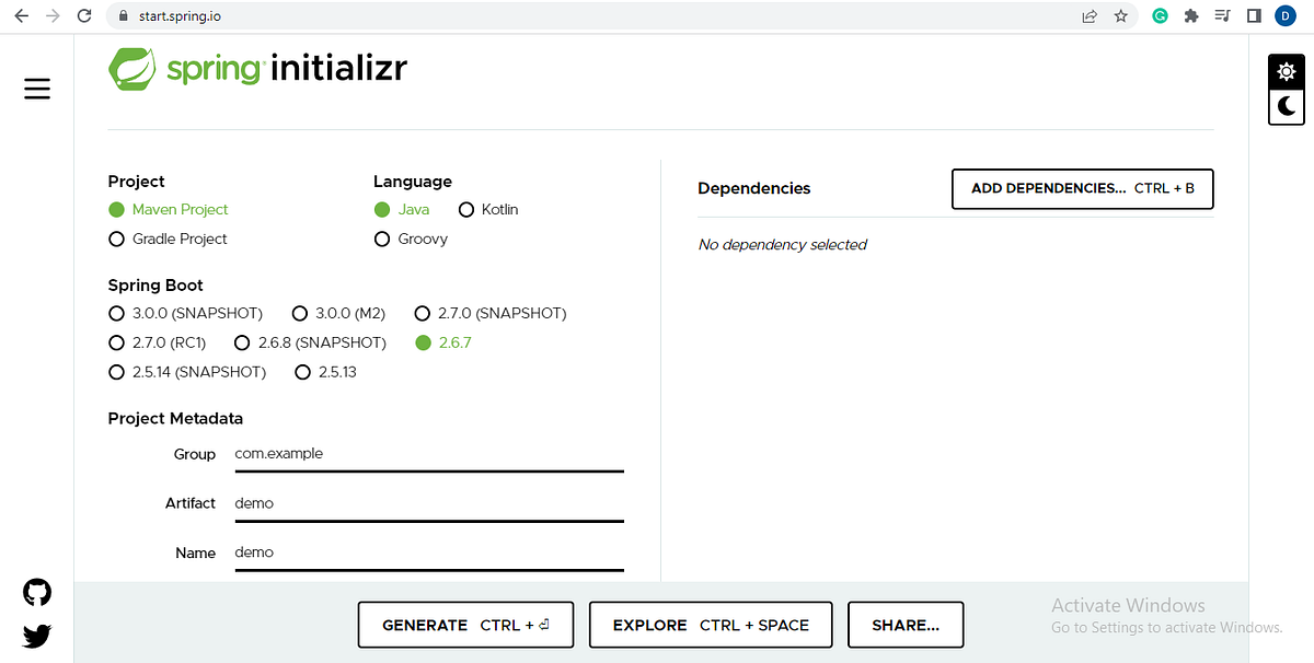 Spring Boot Step 1: Open your browser and type start.spring.io Step 2 ...