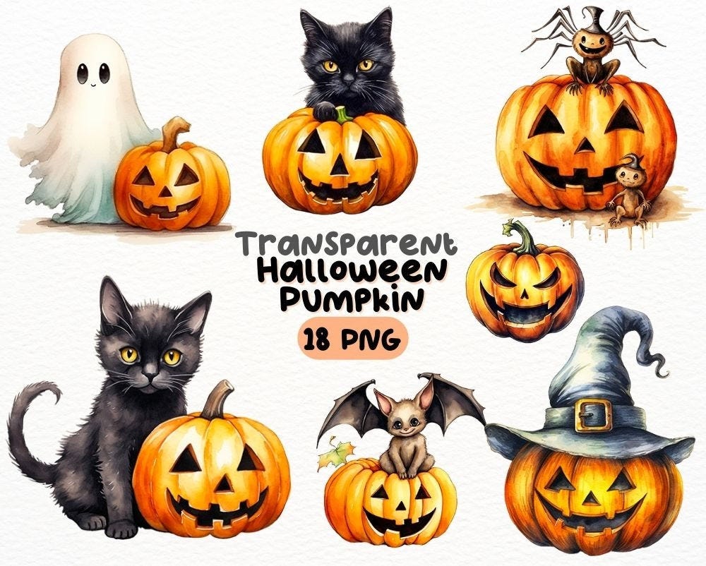 Watercolor Cute Halloween Pumpkin PNG Bundle, Digital Crafts Designs ...
