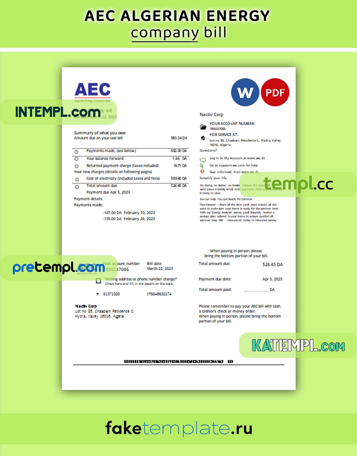 AEC Algerian Energy Company business utility bill, Word and PDF template | by ...