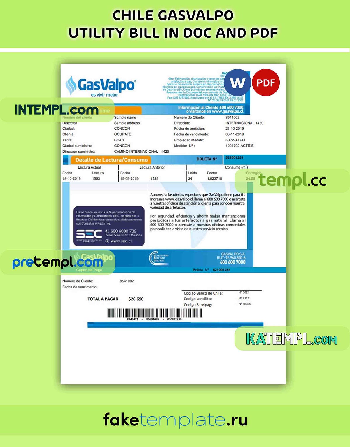Chilean GasValpo utility bill download example, fully editable in Word ...