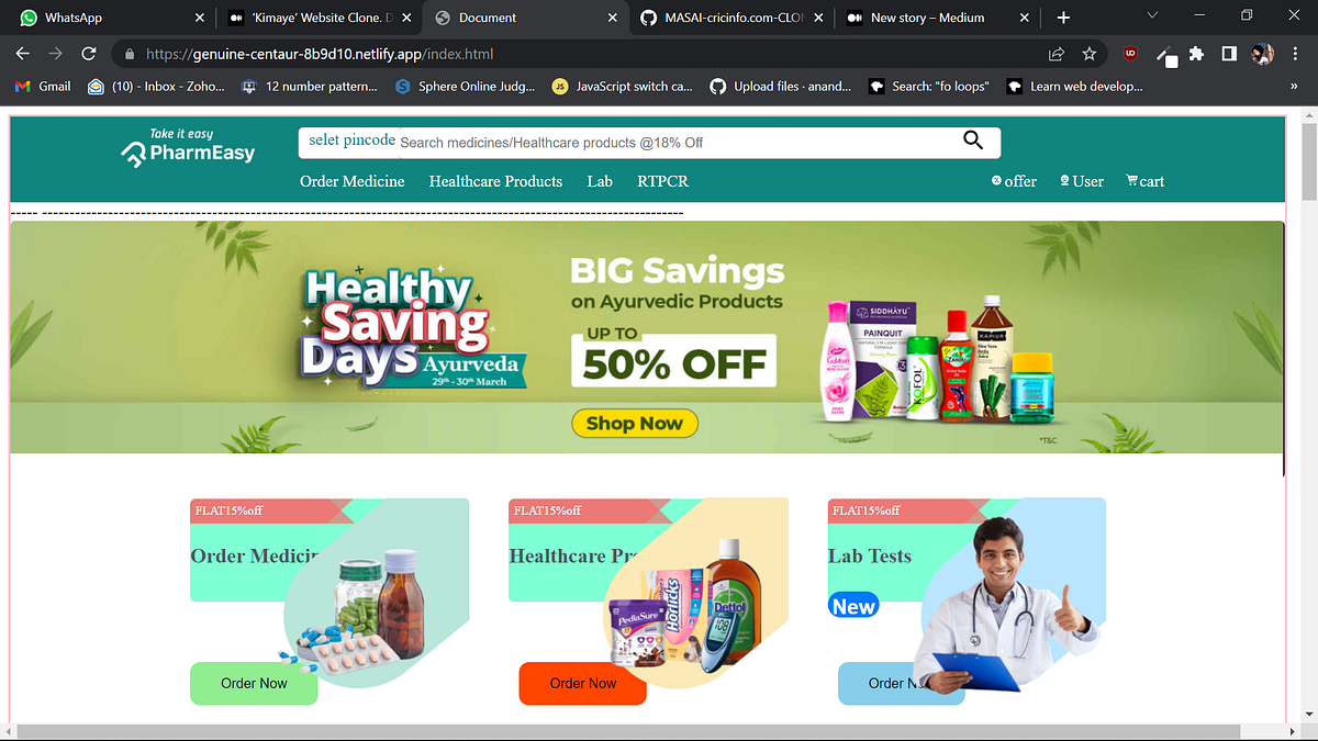 Pharmeasy clone. Home Page | by Corazon Amith | Medium