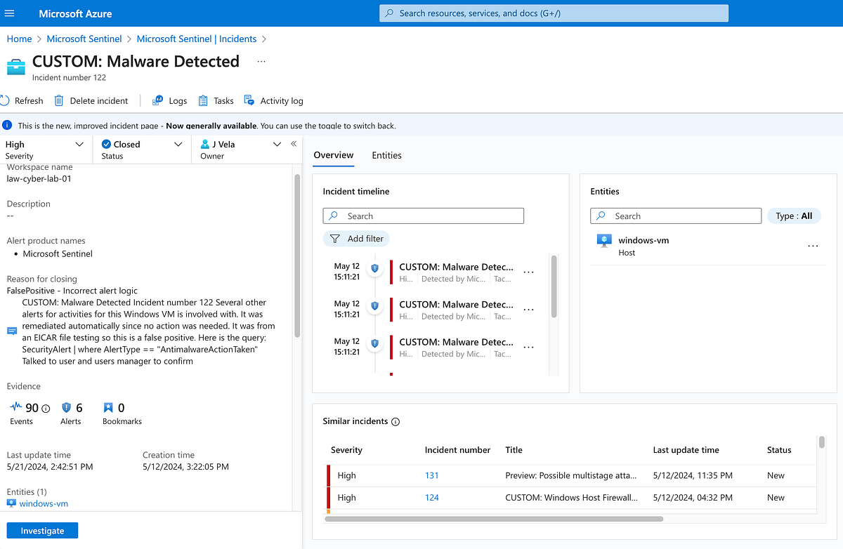 Review Incident Alerts in Microsoft Sentinel - Jose's Cyber Security ...