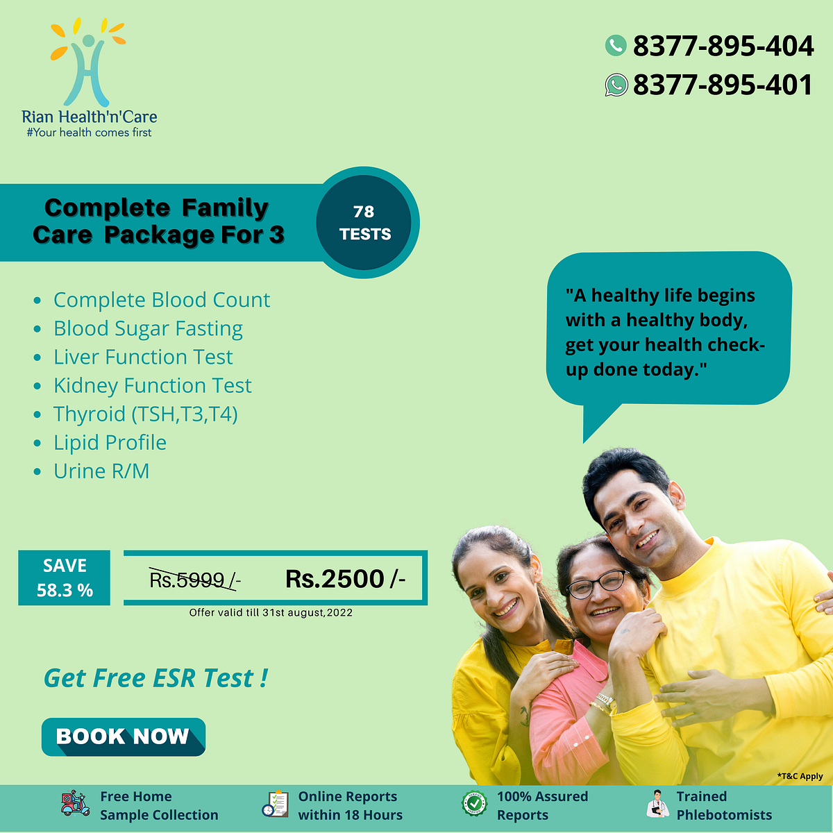 Get a complete Family Care Package For 3 which includes 78 Tests. “A ...