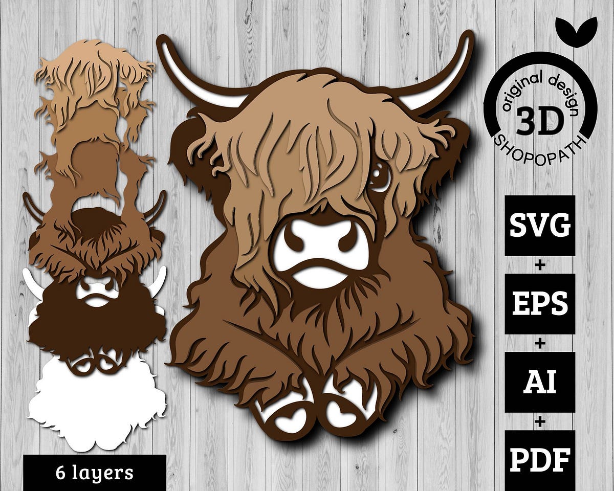 3D Layered Highland Cow SVG PDF EPS, Layered Cow Svg, Layered Papercut ...