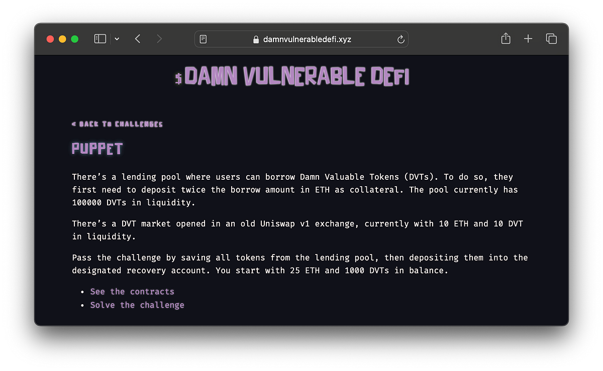 Challenge 8: Puppet, Damn vulnerable defi V4 lazy solutions series | by ...