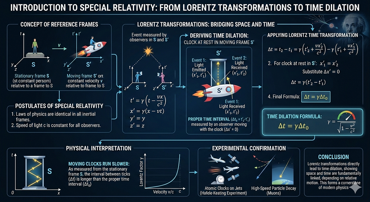 Derive the time dilation formula using Lorentz transformations in ...