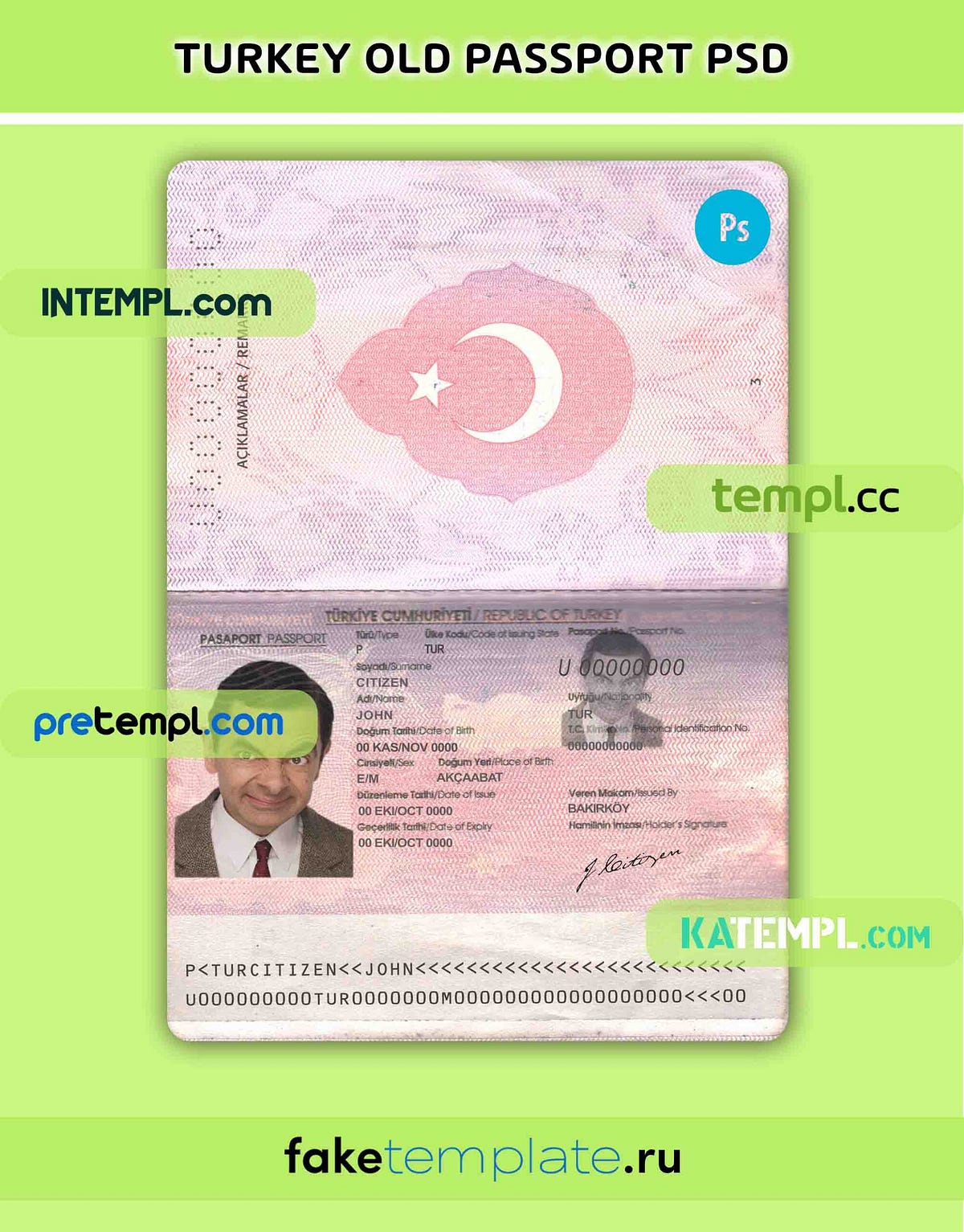Turkey passport PSD download template, 2018 — present - Intempl pas ...