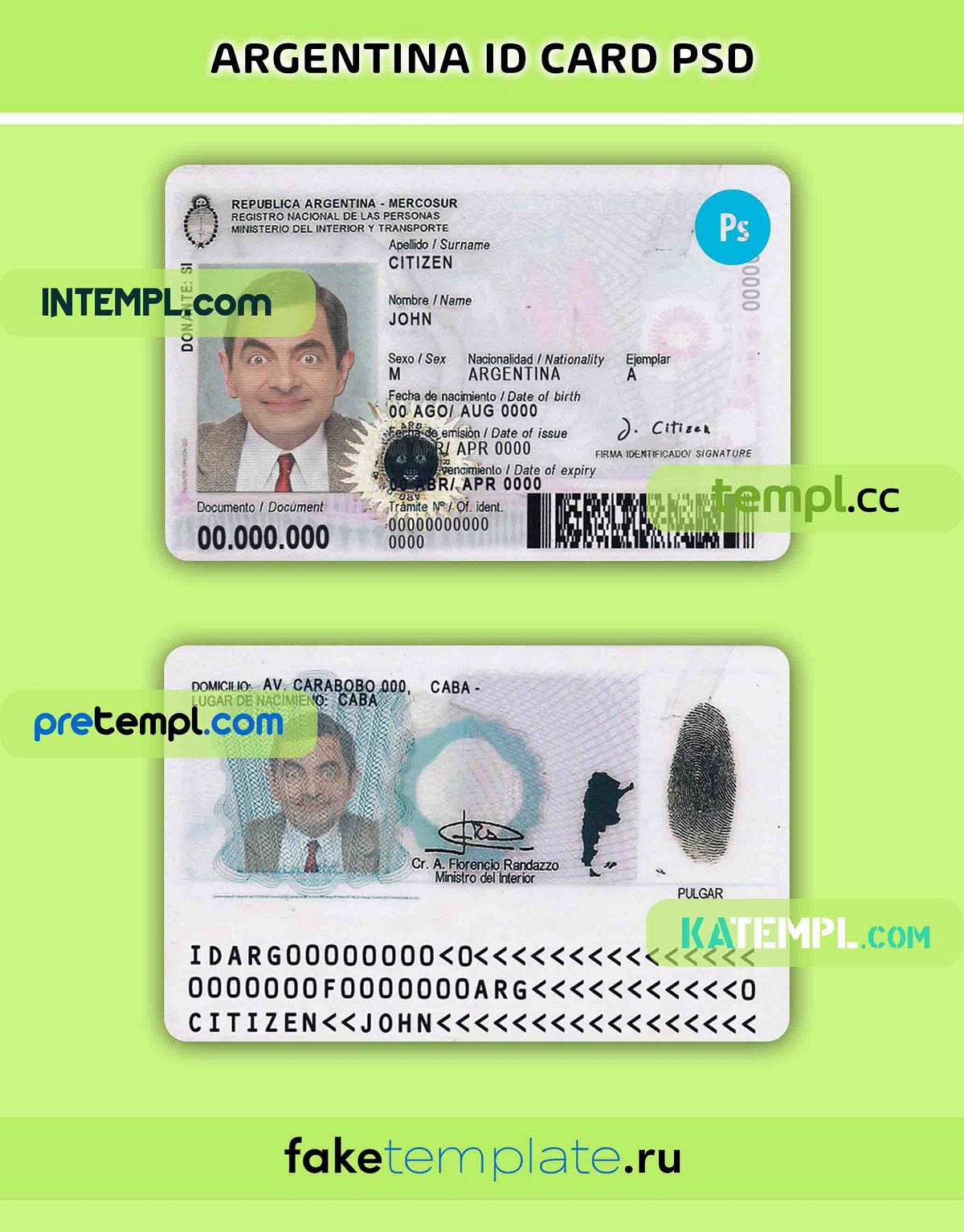 Argentina identity card PSD download template, 2020 — present - Intempl ...