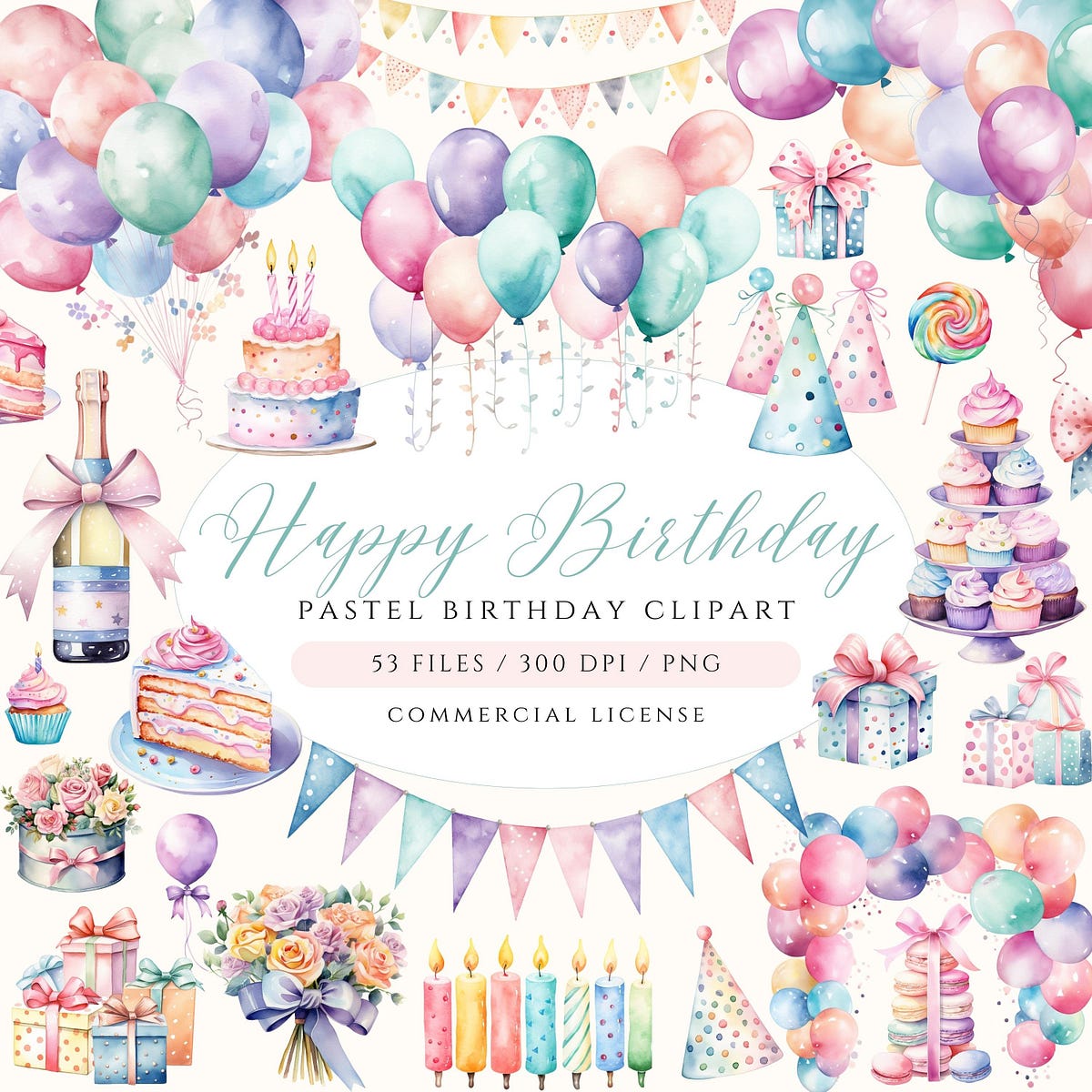 Watercolor Pastel Birthday Clipart Bundle Birthday Party Clipart ...