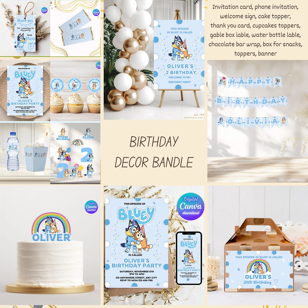 Bundle Editable Bluey Birthday, Birthday Party Pack,Template printable ...