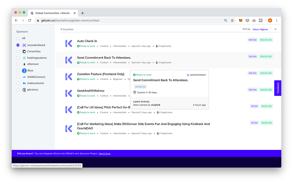 Hack Kickback at Gitcoin Global communities Hackathon. | by makoto_inoue | wearekickback | Medium